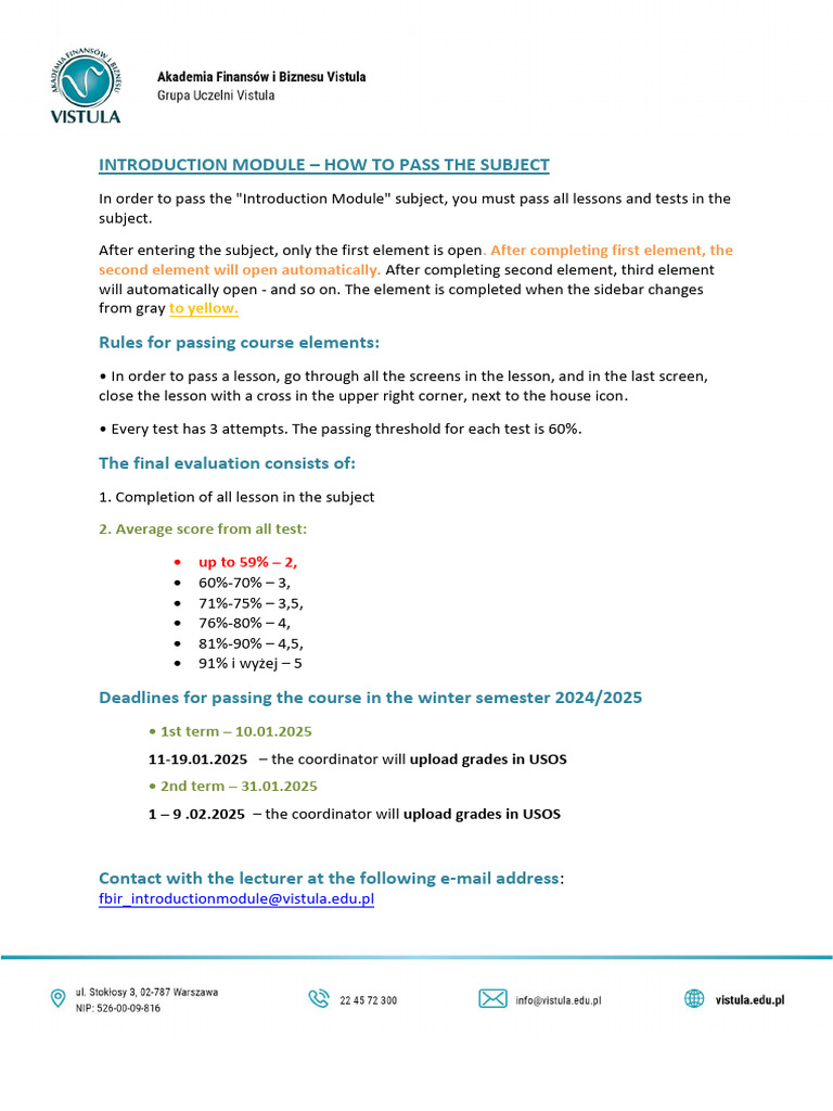 INTRODUCTION MODULE - HOW TO PASS THE SUBJECT - WBiSM - 2024Z (1) . | PDF