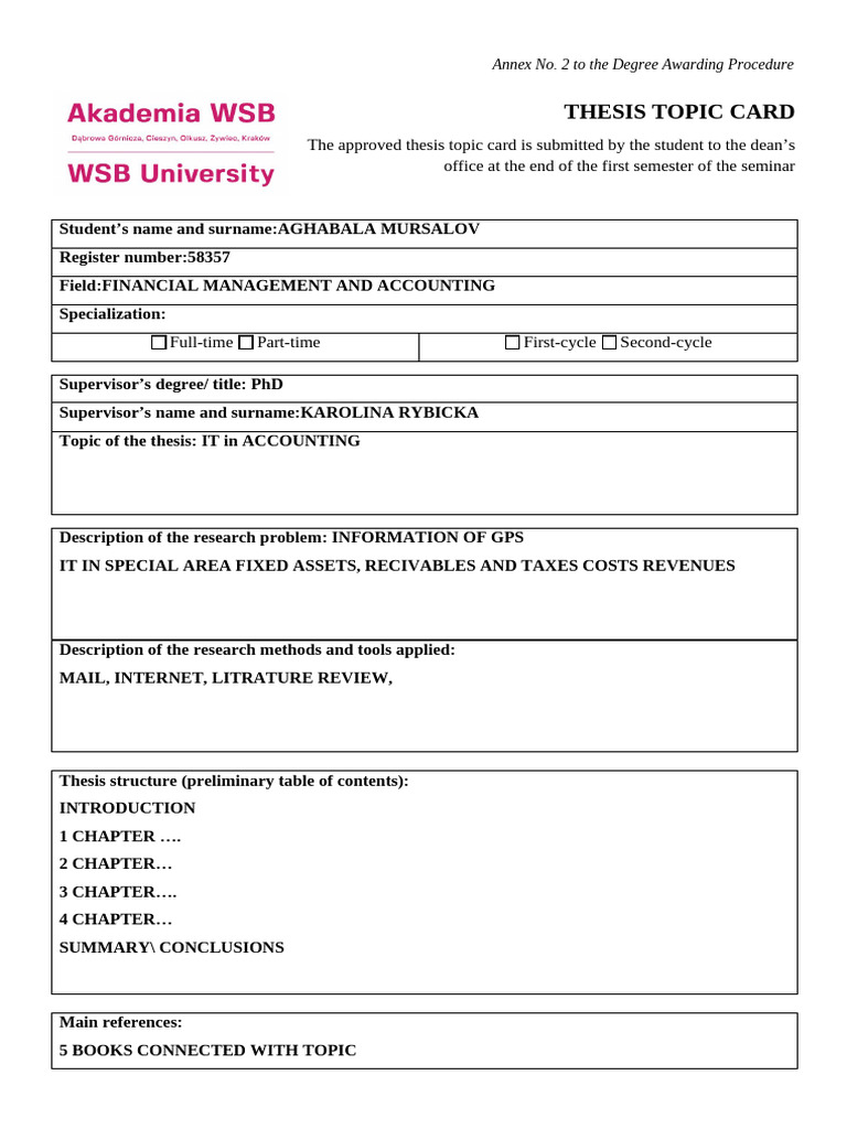 Thesis Topic Card: IT in Accounting | PDF