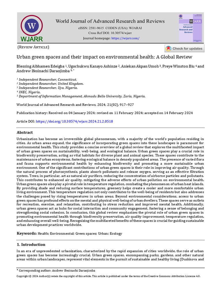 Urban Green Spaces and Their Impact On Environment | PDF | Biodiversity ...