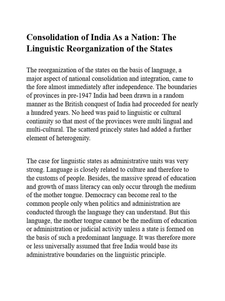 Linguistic Reorganization of India | PDF | Politics Of India