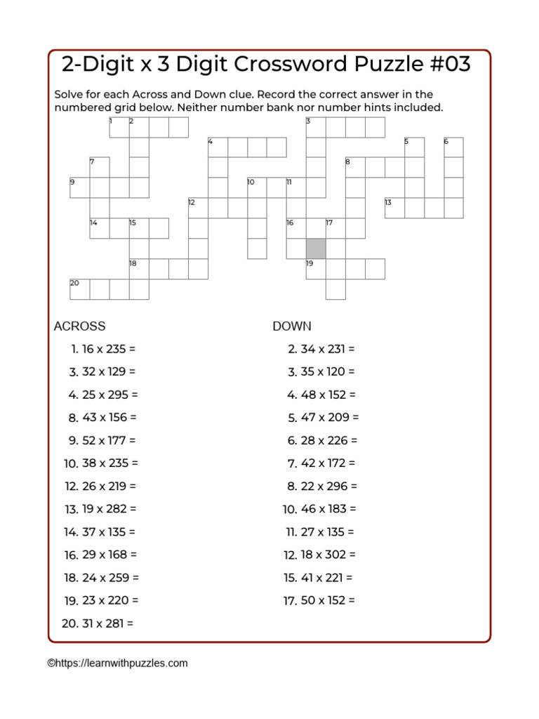 2-Digit x 3-Digit Crossword Puzzle | PDF | Crossword | Puzzles