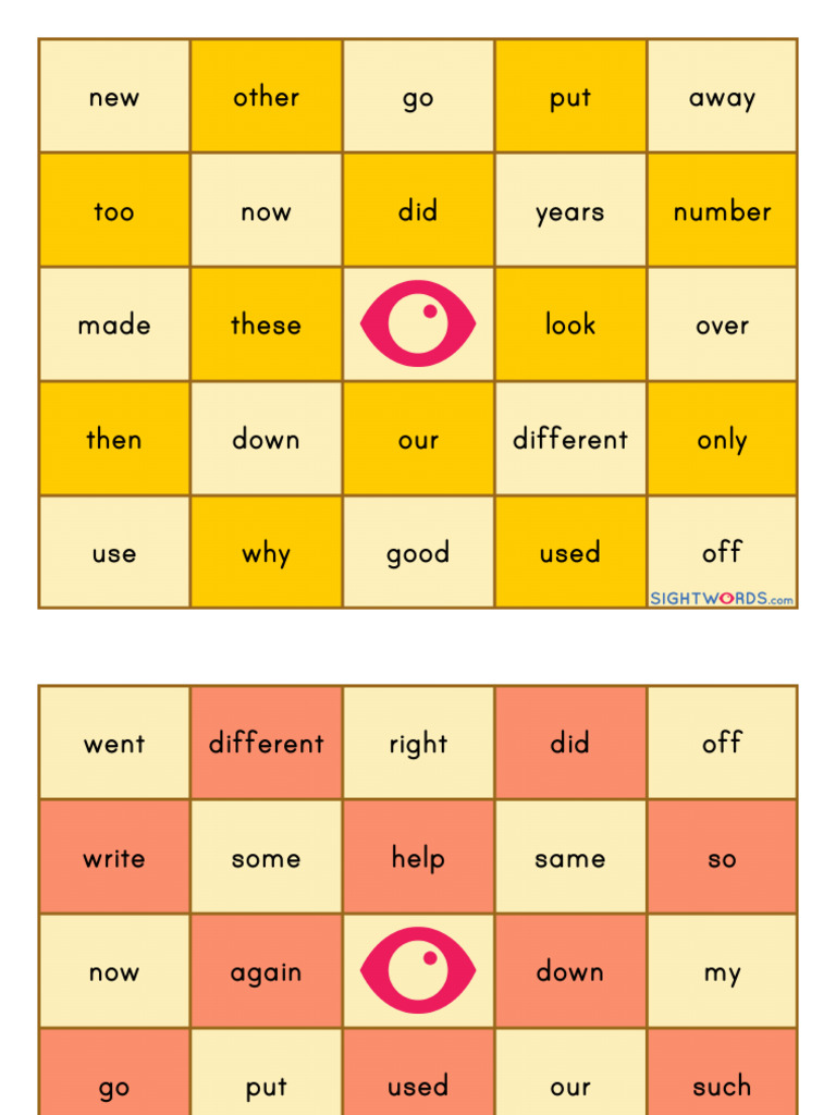 Sight Words Bingo 5x5 Top 150 3rd 50 | PDF