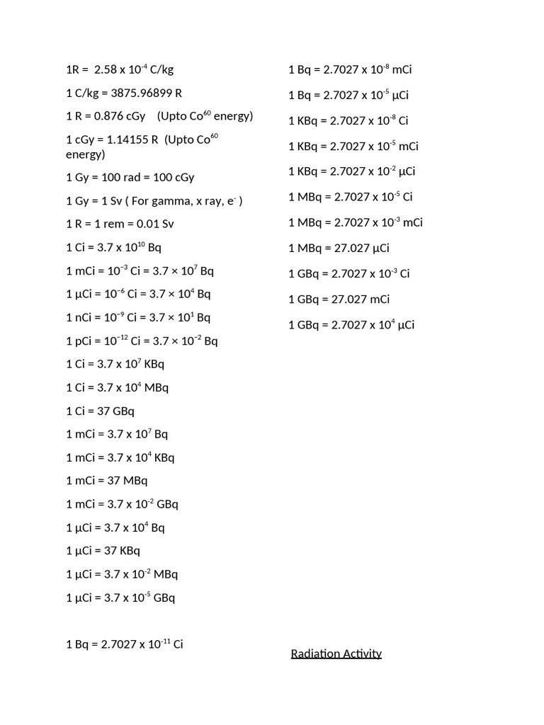Radiation Unit Conversions | PDF | Absorbed Dose | Nuclear Chemistry