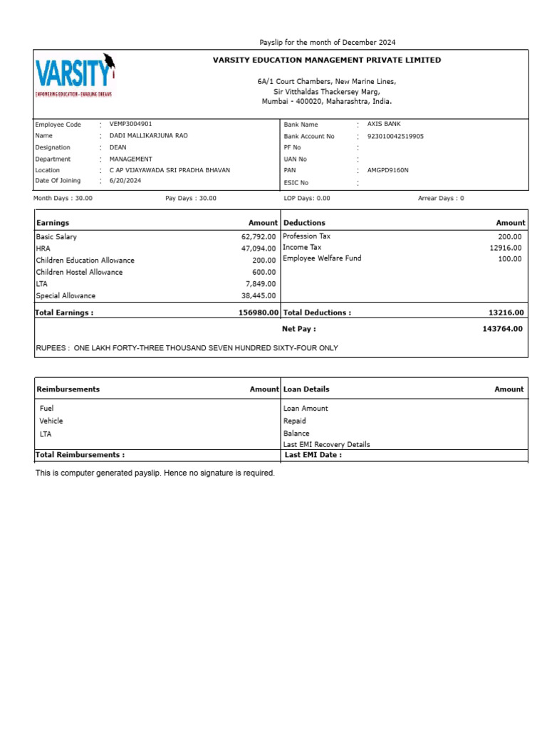 Payslip For The Month of December-2024 | PDF | Public Finance | Economies