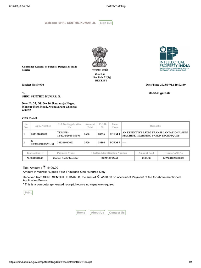 filing receipt - 202321047002 (1) | PDF