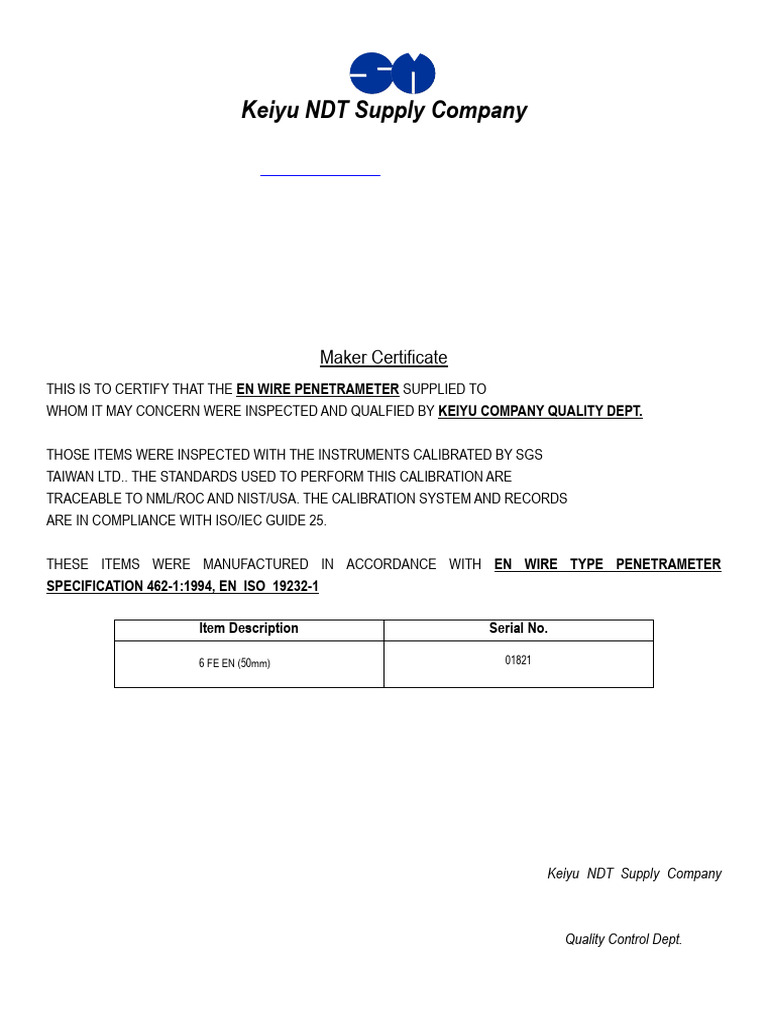 6 FE EN certificate(R) | PDF | Calibration | Nondestructive Testing