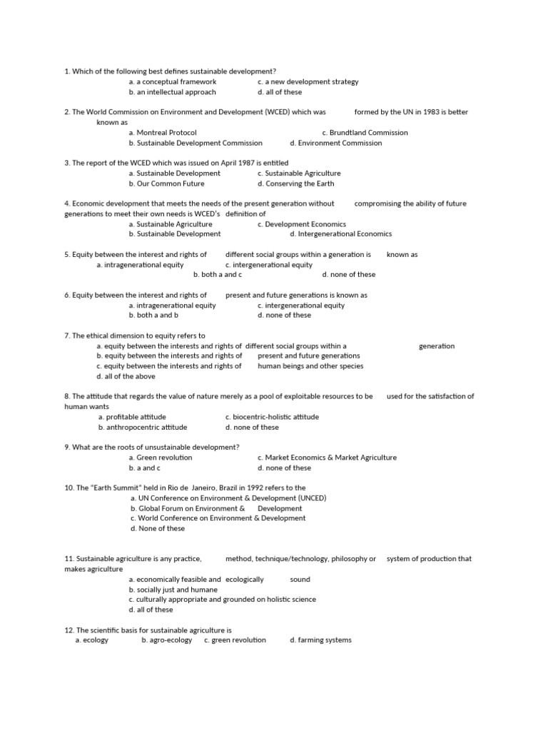 Sustainable Development Quiz Answers | PDF | Agriculture | Sustainable ...