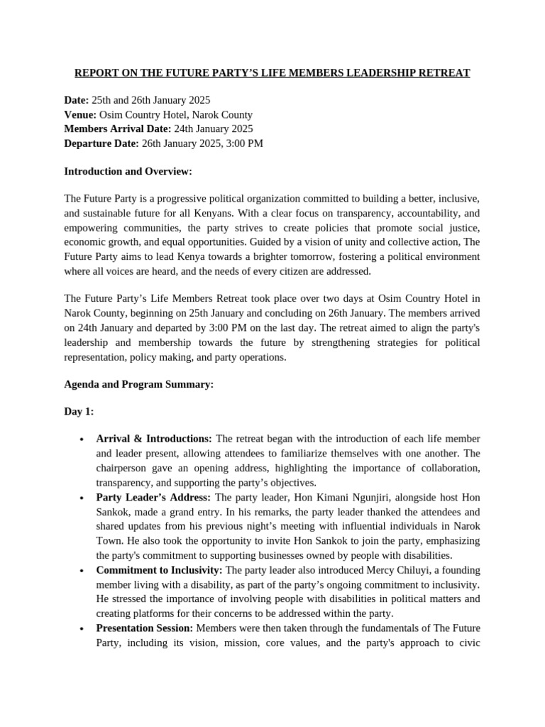 Future Party Kenya Leadership Retreat Report | PDF | Strategic Planning ...