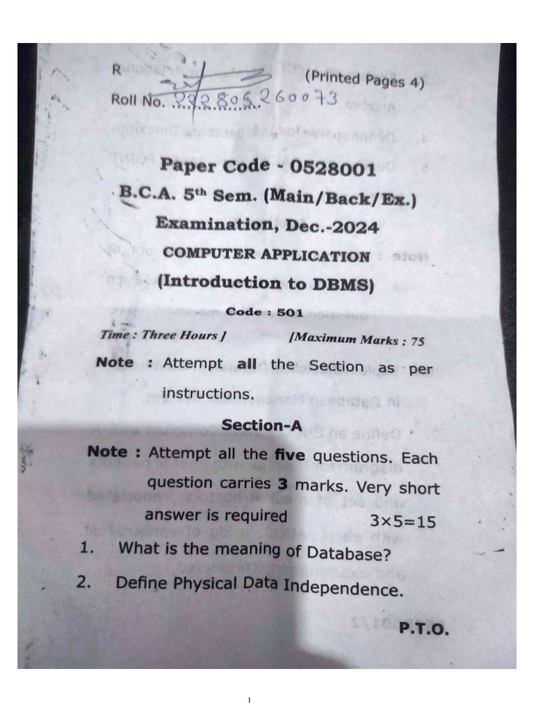 msu DBMS bca 5 th sem pyqs | PDF