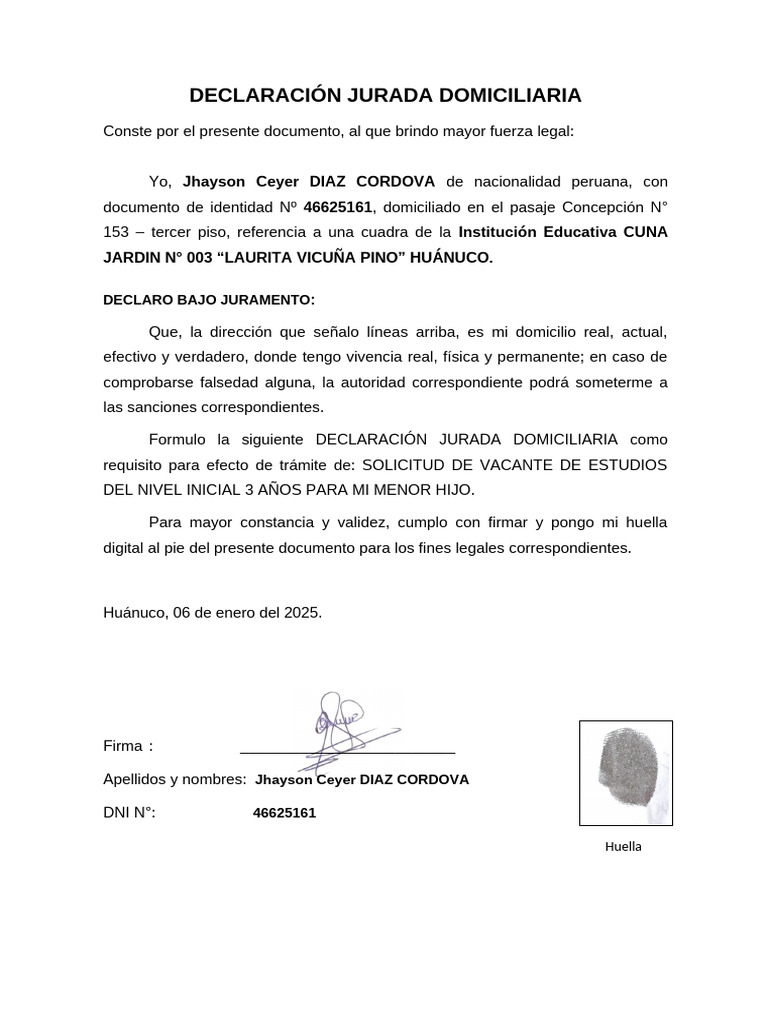 Declaración Jurada Domiciliaria | PDF
