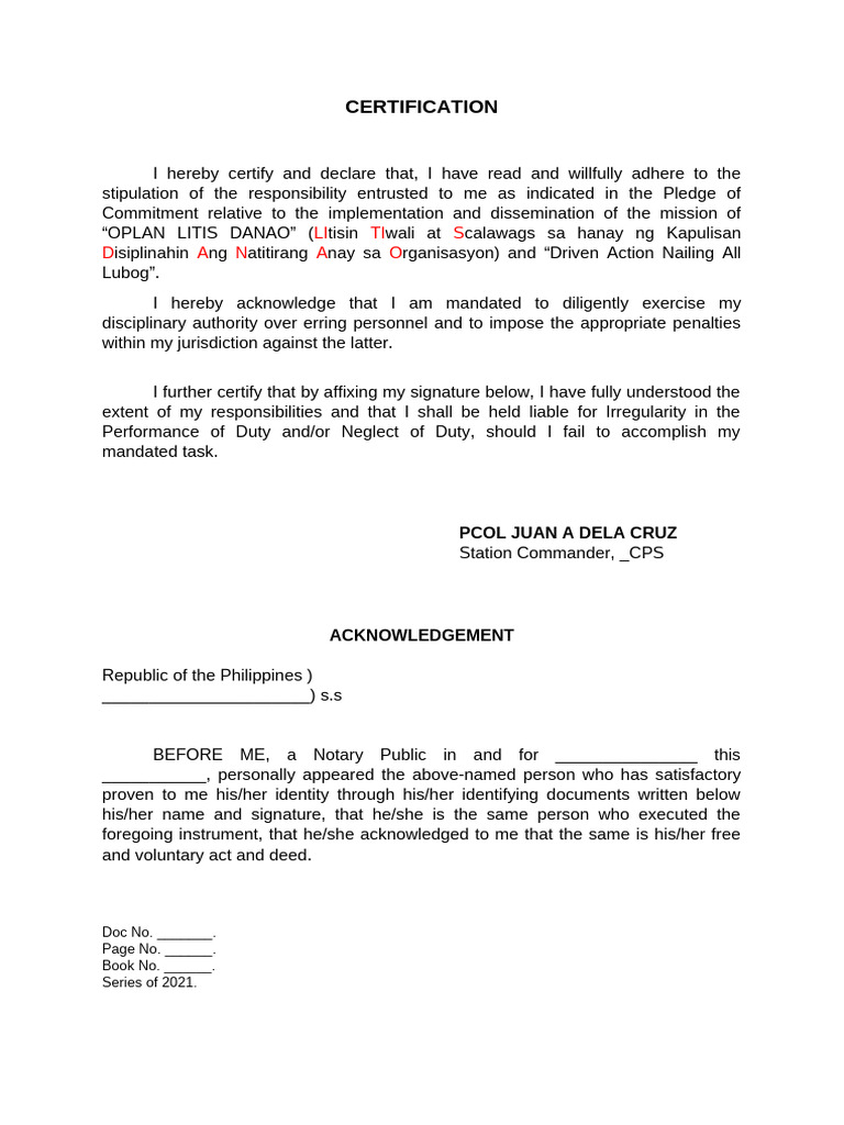 CERTIFICATION OPLAN LITIS DANAO | PDF