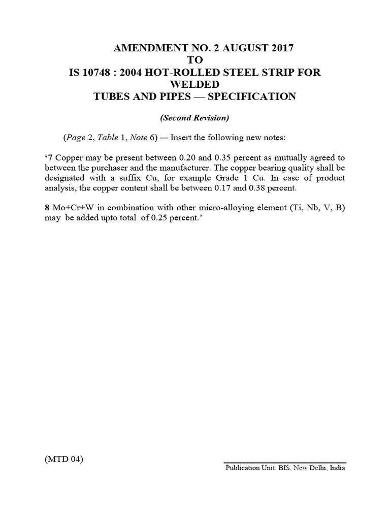 Amendment No. 2 2017 TO Is 10748: 2004 Hot-Rolled Steel Strip For ...