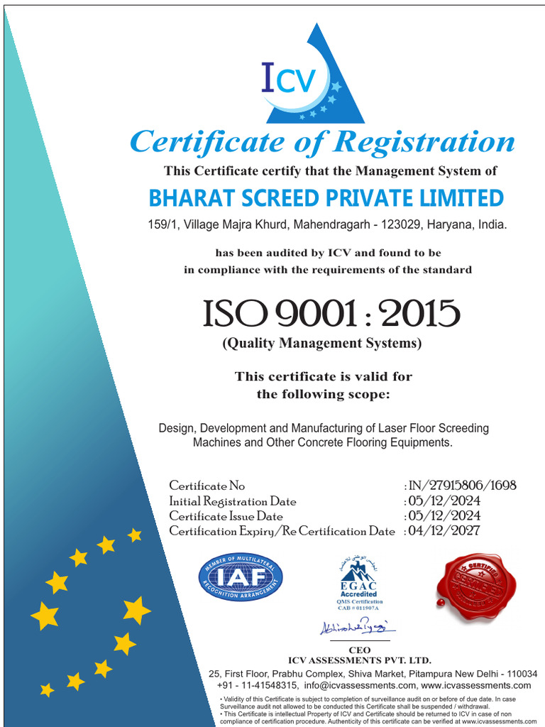 BHARAT SCREED PRIVATE LIMITED 9001 icv final certificate | PDF
