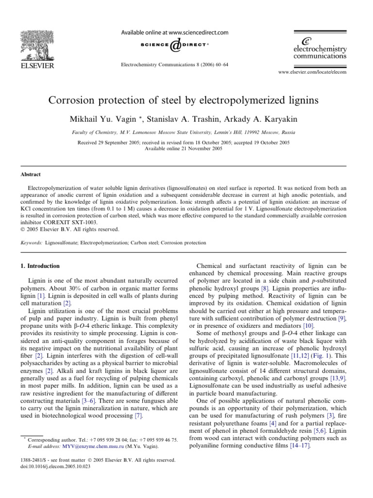 Electropolymerized Lignins for Steel Protection | PDF | Lignin | Corrosion