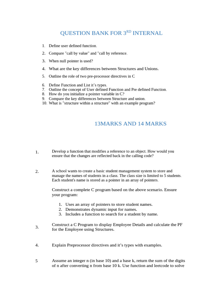 Question Bank For 3RD Internal | PDF | Pointer (Computer Programming) | Computer Program