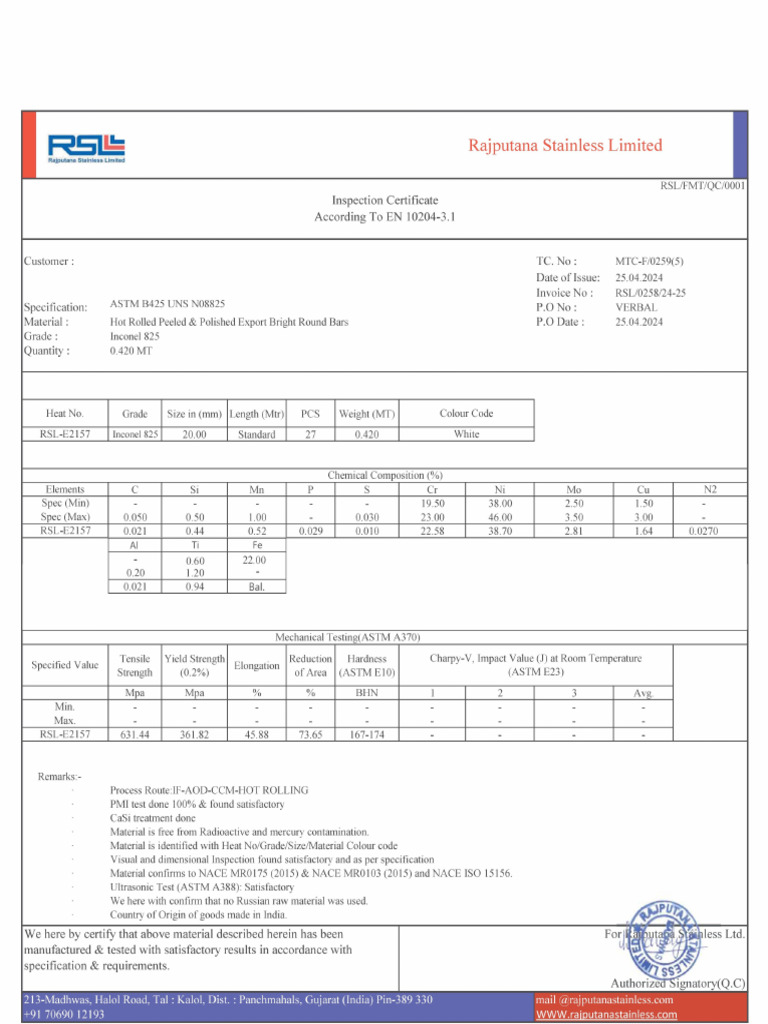 Inconal 825 20MM TC | PDF