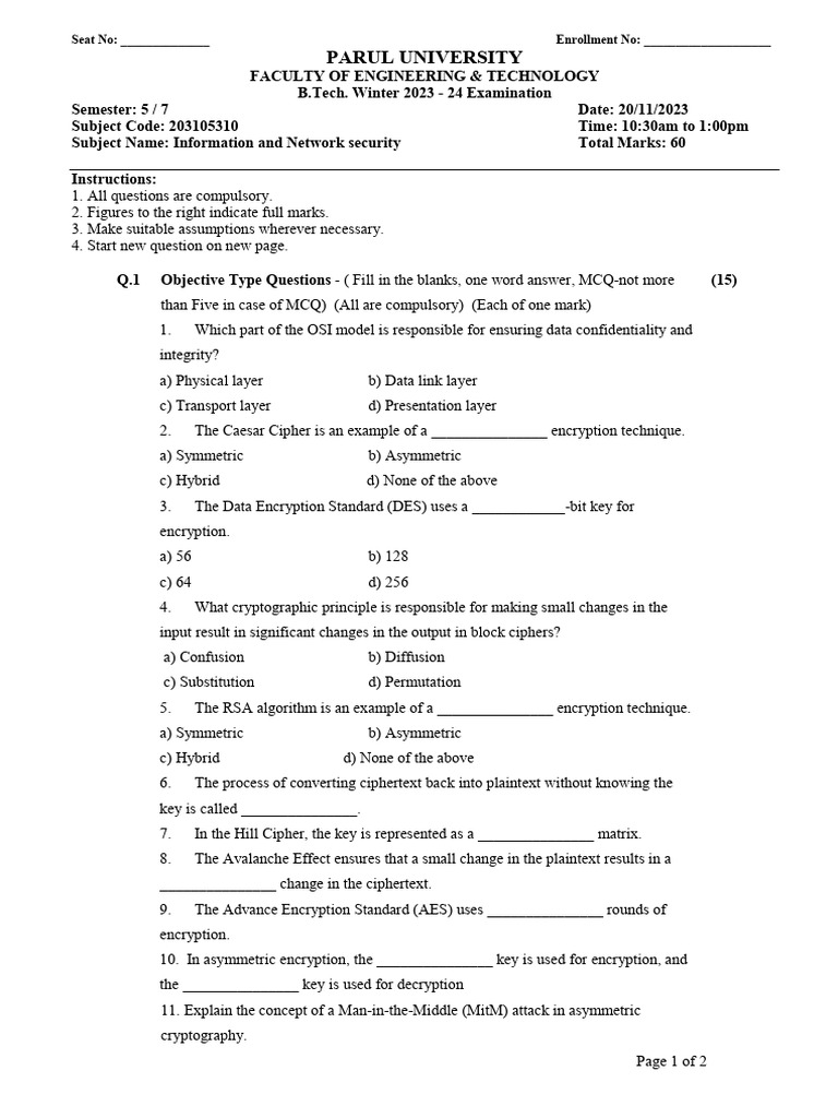 203105310_6061_Question_Paper (1) | PDF | Cryptography | Key (Cryptography)