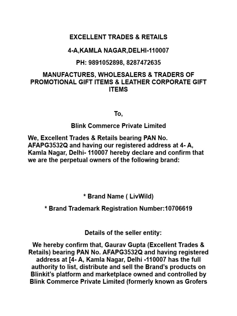 Blinkit Authorisation Letter | PDF