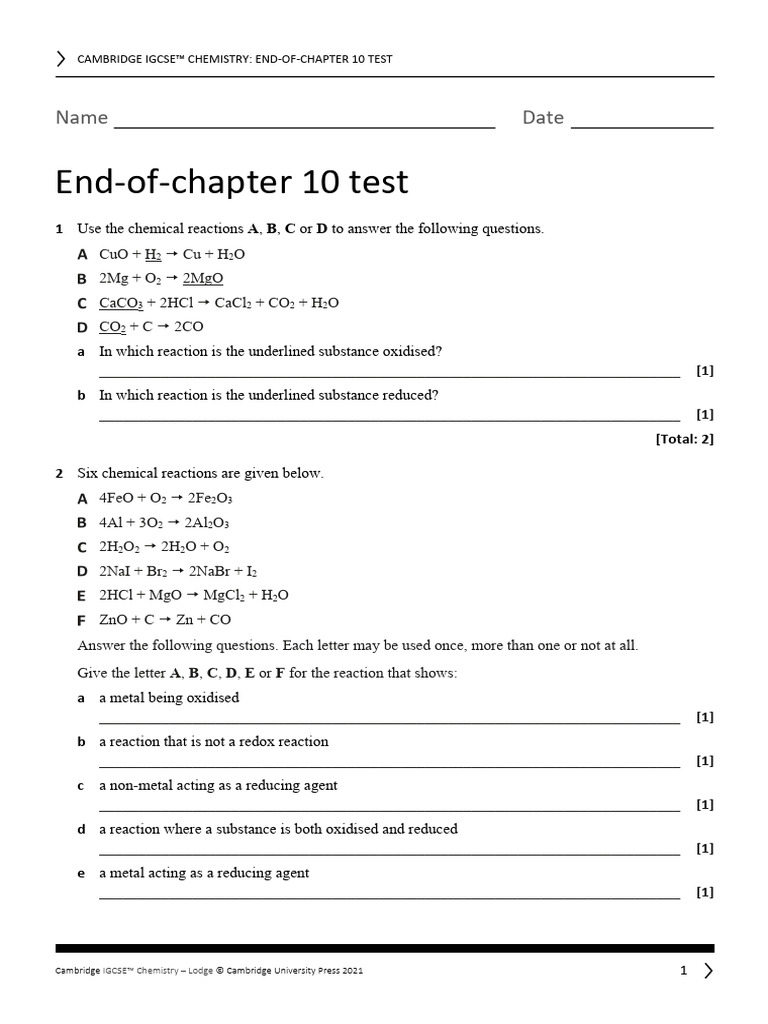 Igcse Chemistry 5ed TR End of Chapter Test 10 | PDF | Redox | Atoms