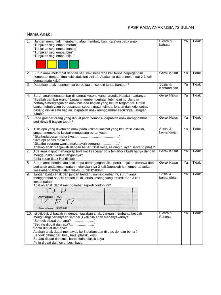 KPSP Pada Anak Usia 72 Bulan-1 | PDF