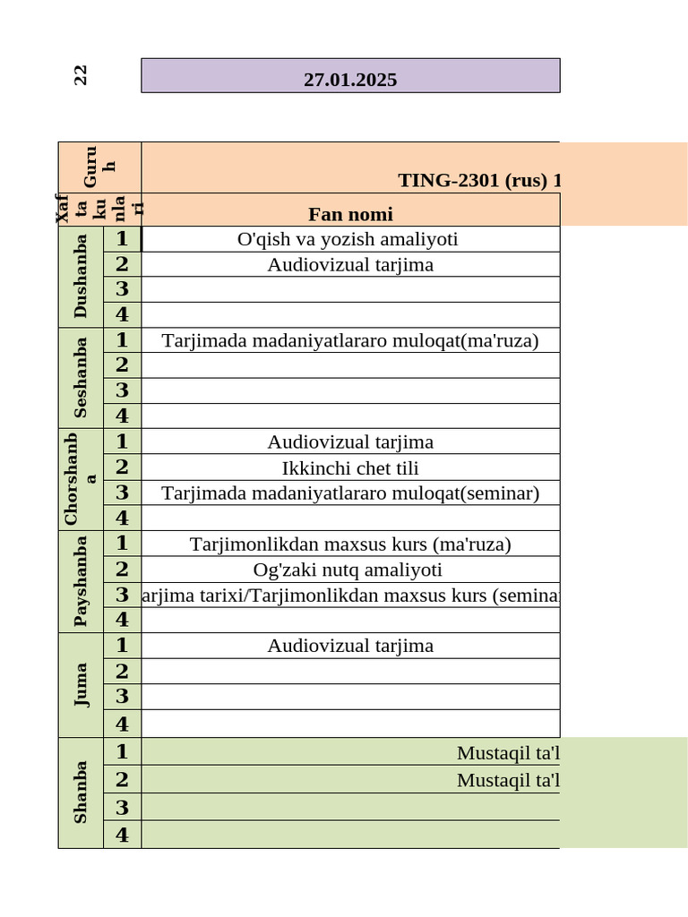 Dars Jadvali 27.01.2025 | PDF