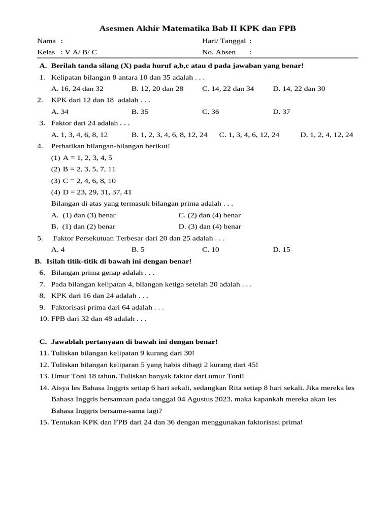 Asesmen Akhir Bab 2 MTK 2024 | PDF