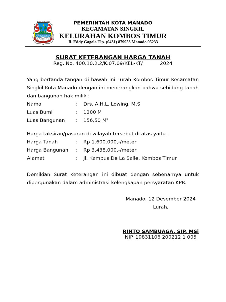 Surat Keterangan Harga Tanah Manado | PDF