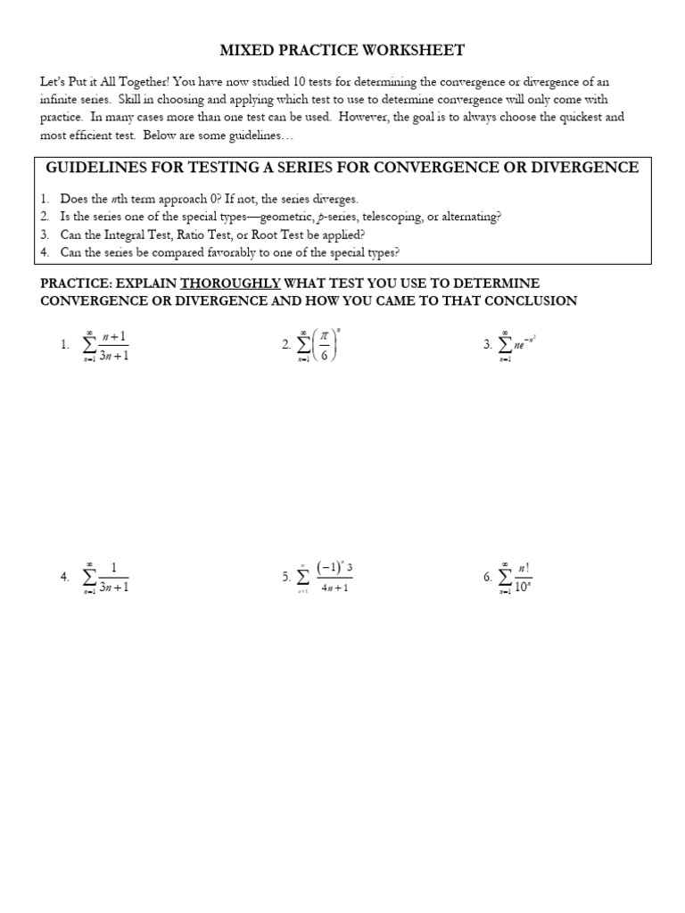 Series Convergence Practice Worksheet | PDF | Limit (Mathematics ...