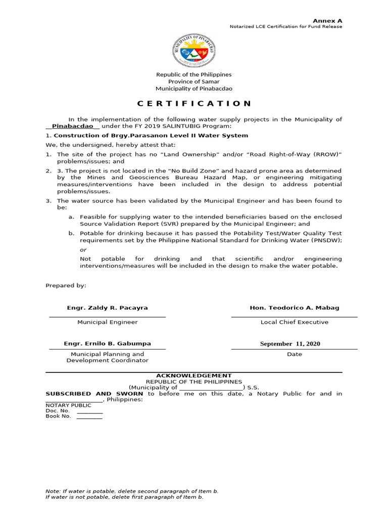 Annex A - LCE Certification For Fund Release | PDF | Water | Water And ...