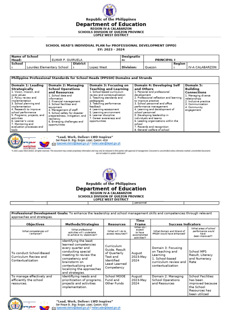 IPPD for School Head: 2023-2024 Plan | PDF | Curriculum | Learning
