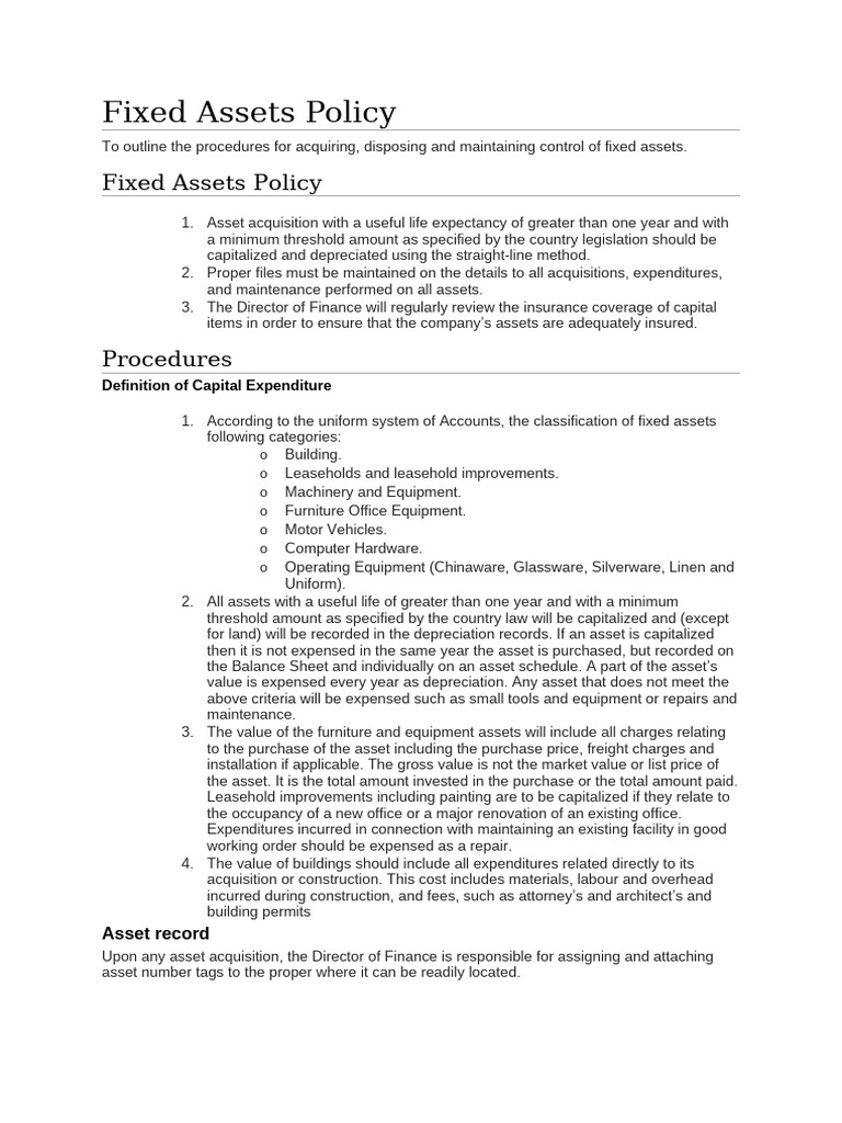Fixed Assets Policy | PDF | Depreciation | Expense