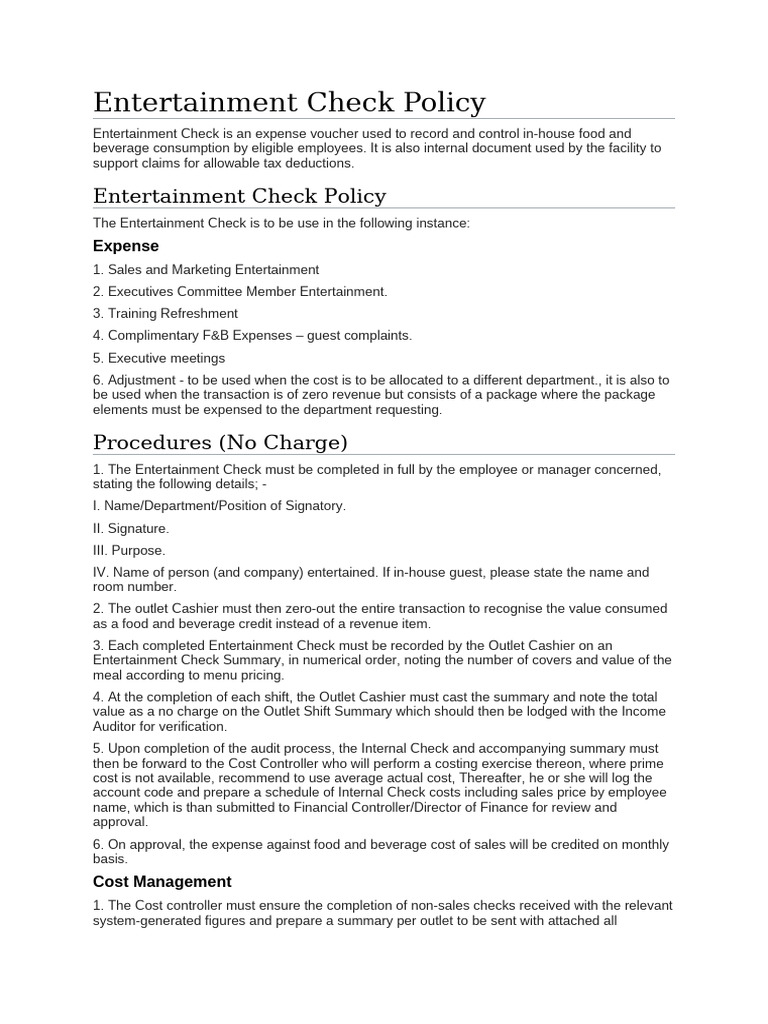 Entertainment Check Policy Guidelines | PDF | Expense | Taxes
