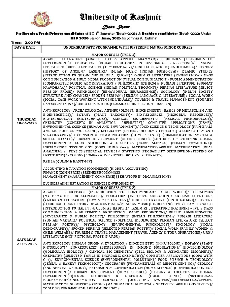 Date Sheet - BG 4th Sem Regular & FP (Batch-2023) - 250124 - 190355 | PDF | Science | Teaching ...