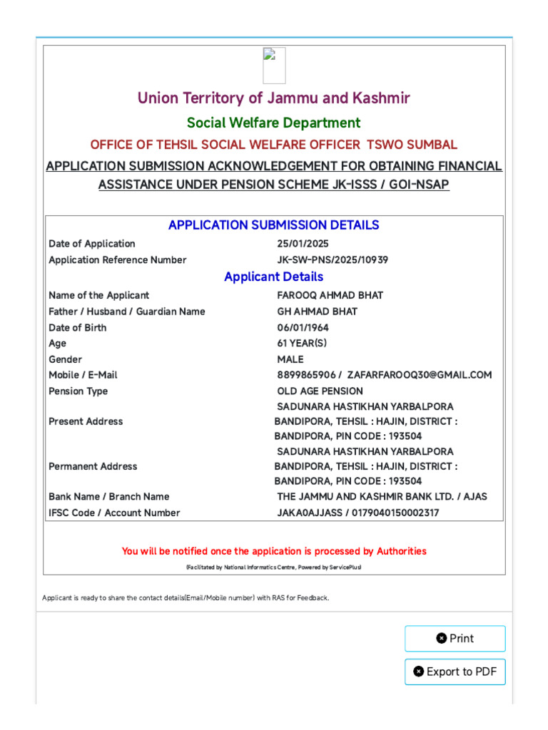 ServicePlus - Application For Sanction of Pension Under JK-IsSS - GOI-NSAP | PDF