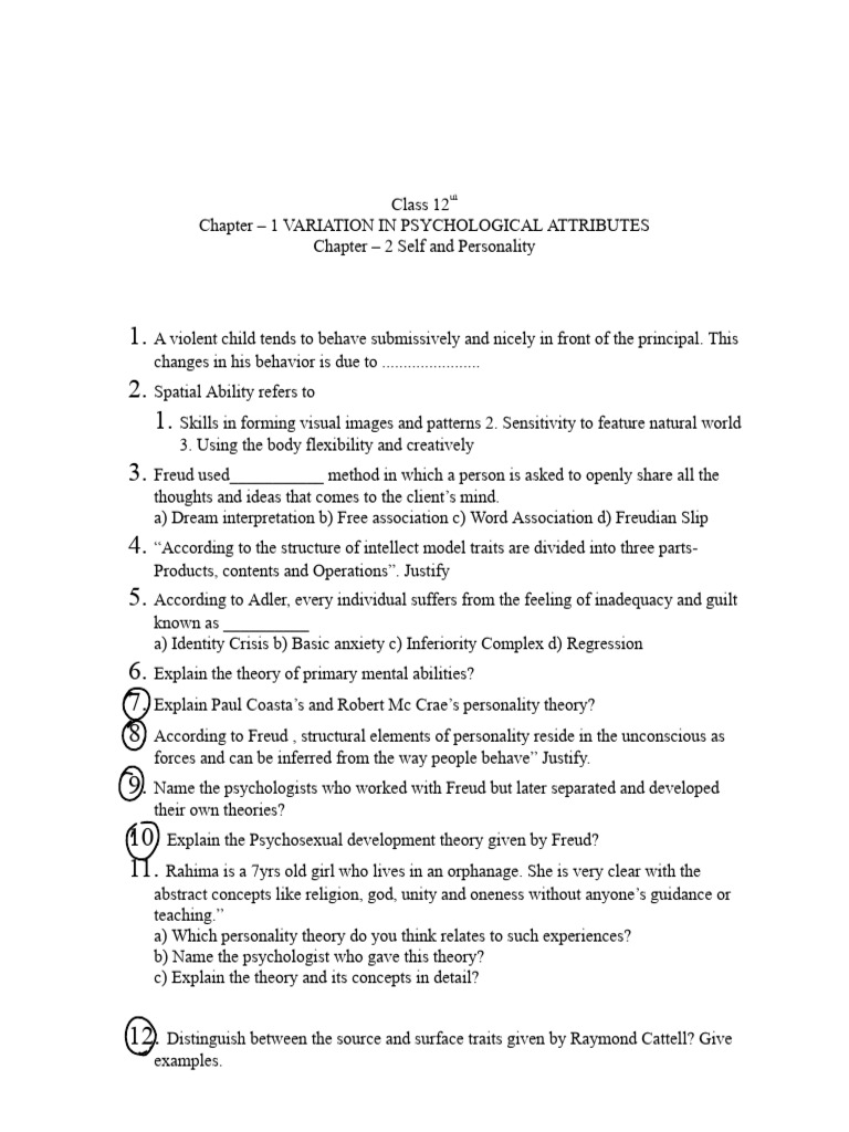 Class 12th Psychology Worksheet 2 | PDF | Personality Psychology ...