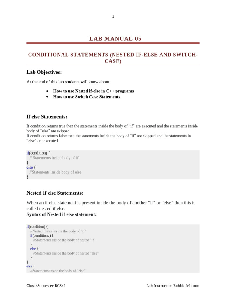 C++ Nested If-Else & Switch Case Lab Guide | PDF | C++ | Computer Program