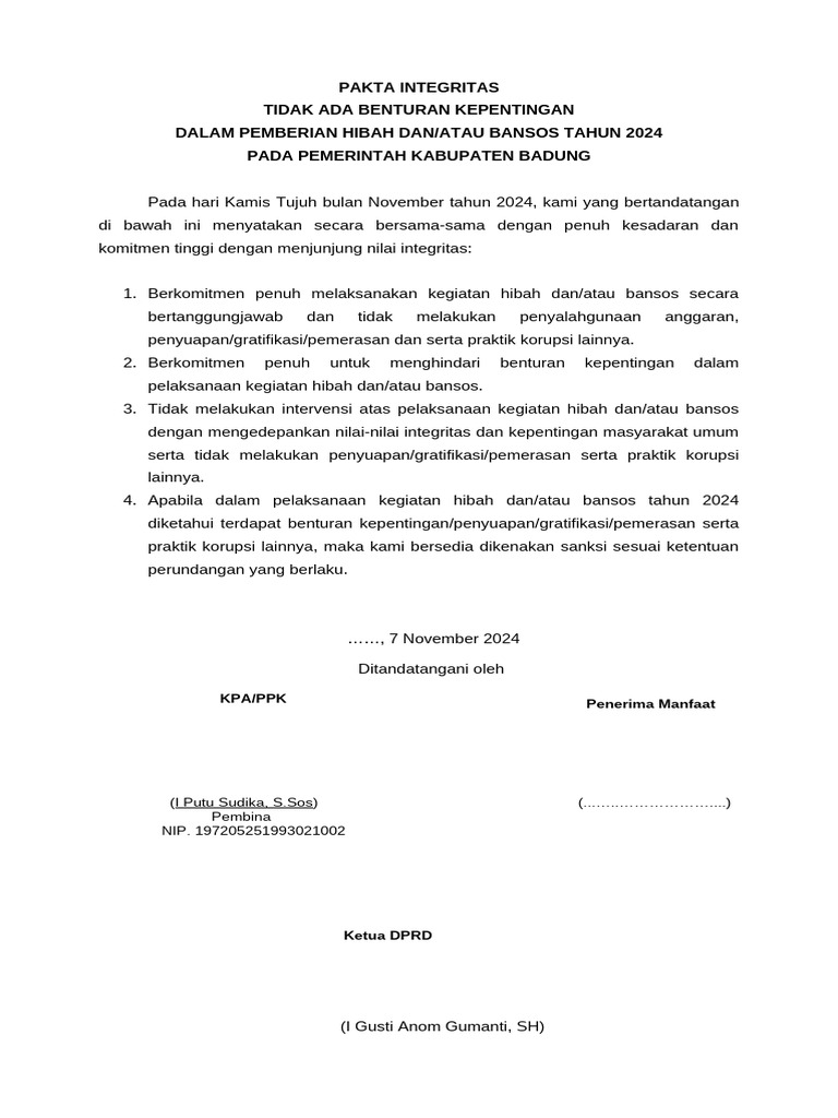 Format Pakta Integritas (Form KPK Ri) Perubahan 2024 | PDF