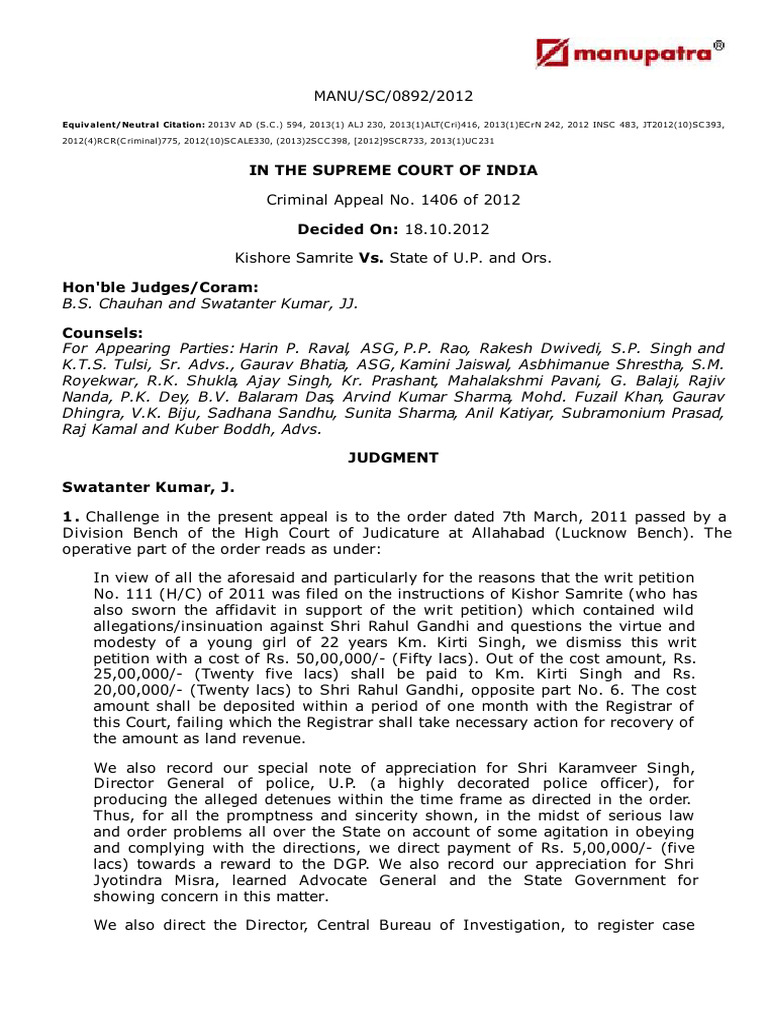 Kishore Samrite Vs State of UP and Ors | PDF | Habeas Corpus | Writ