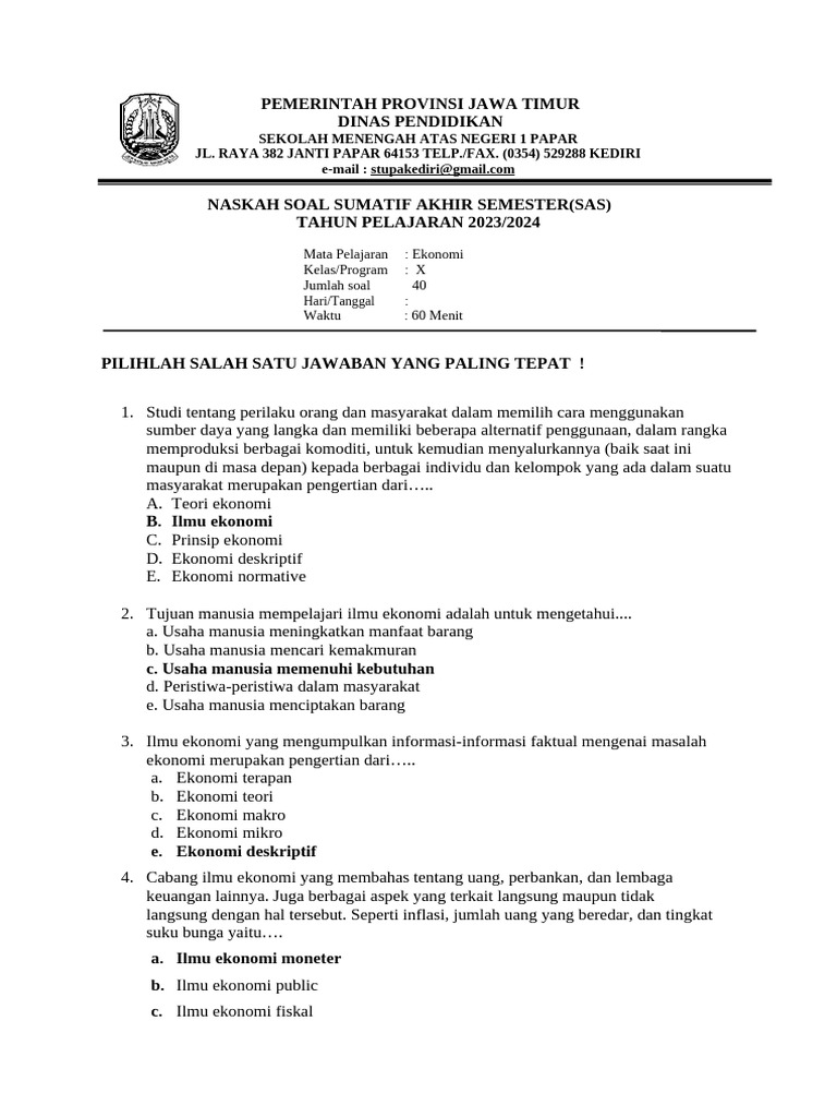 Soal Pas Eko Kelas X 20232024 | PDF