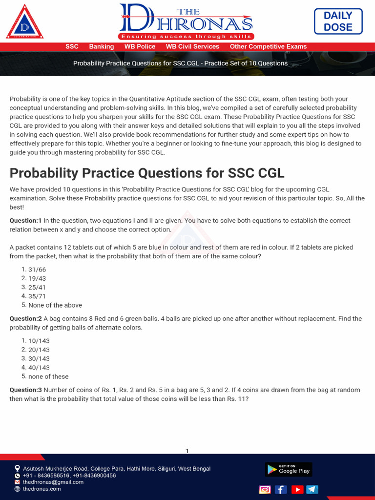 Blog Probability Practice Questions For SSC CGL Practice Set of 10 Questions | PDF