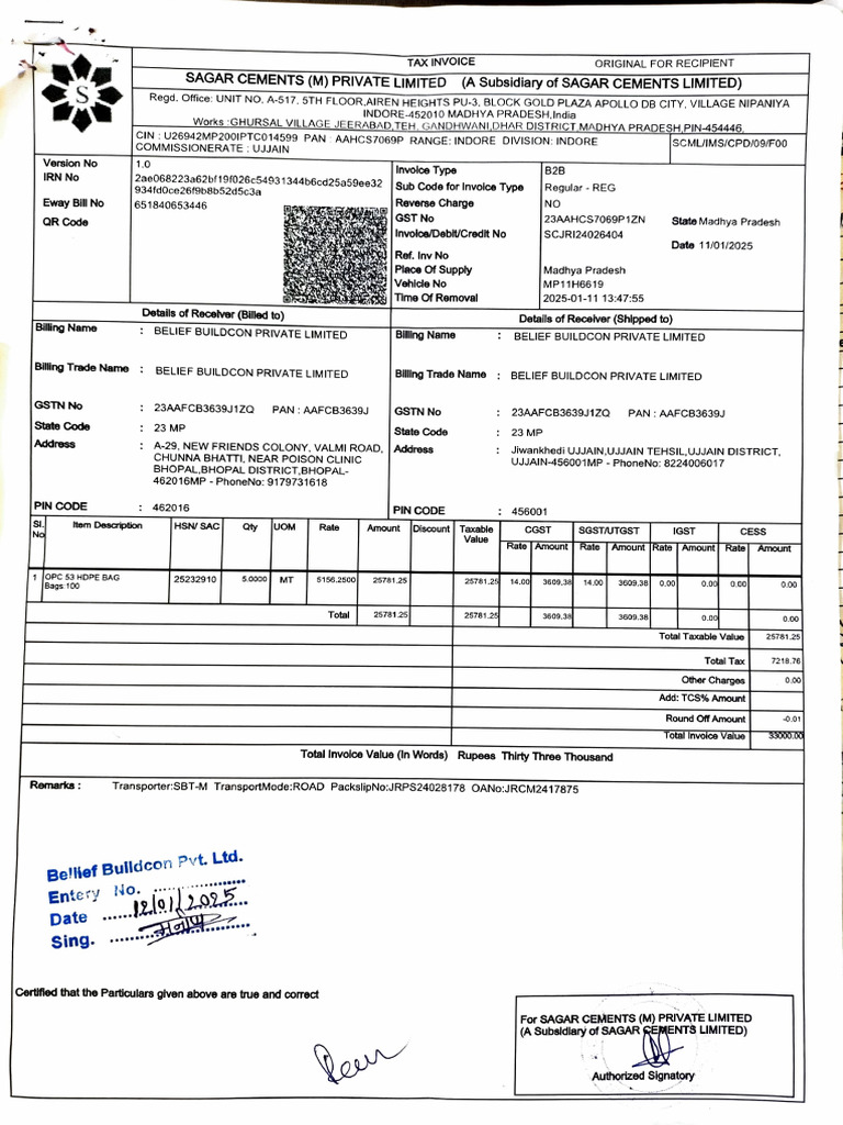 Sagar Cement PVT Ltd-SCJRI24026404 | PDF | Invoice | Accounting