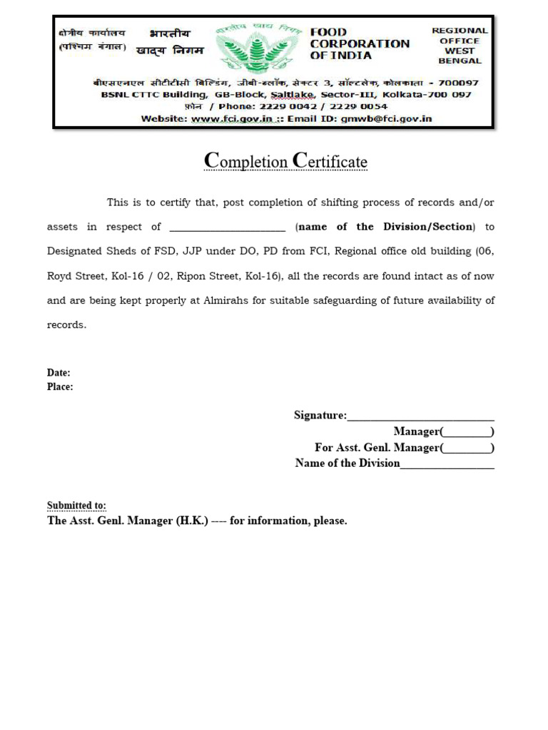 Completion Certificate Regd. Record Room at PD | PDF