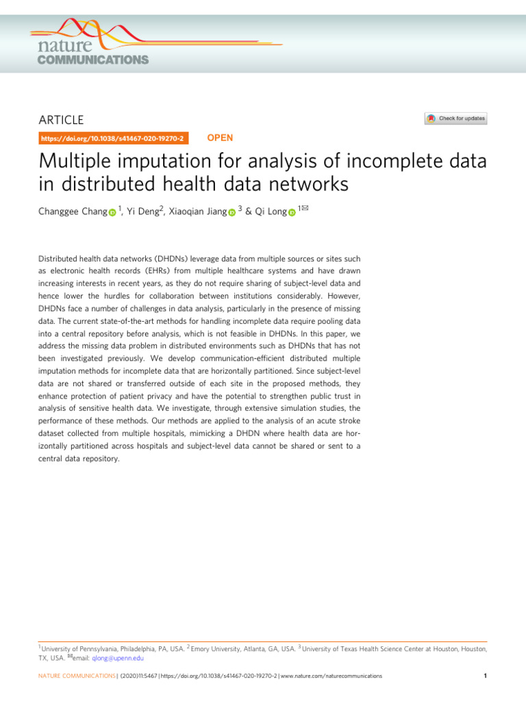 Multiple Imputation For Analysis of Incomplete Data in Distributed Health Data Networks | PDF ...