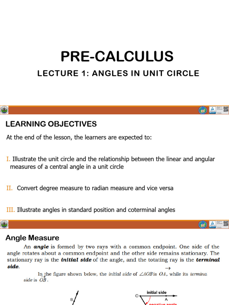 Pre Cal Lec 1 - Q2 Angles in Unit Circle | PDF