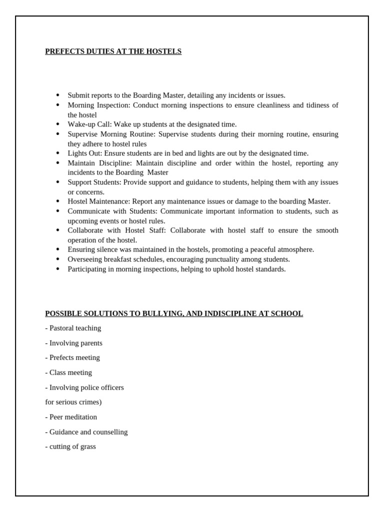 Prefects Duties at The Hostels | PDF | Sex Education | Human Sexuality