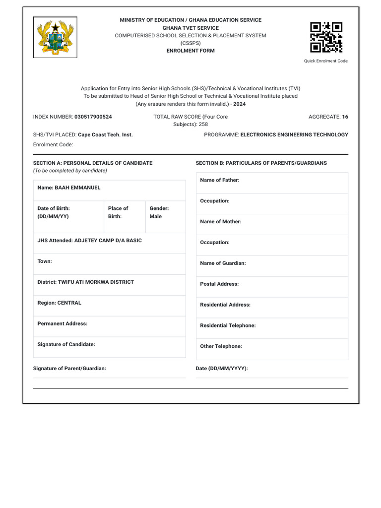 Cssps - Gov.gh Placement Enrolmentform 1730233635607 | PDF