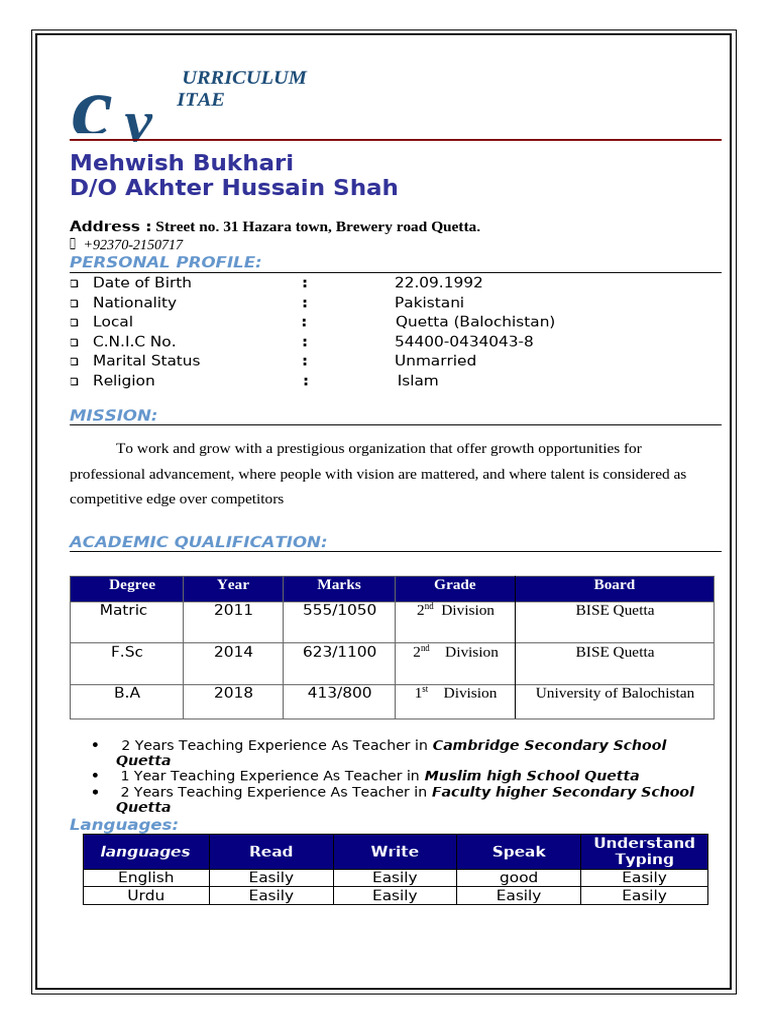 Mehwish Bukhari New CV | PDF