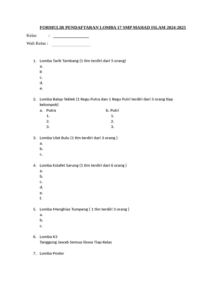 Formulir Pendaftaran Lomba 17 SMP Mahad Islam 2024 | PDF