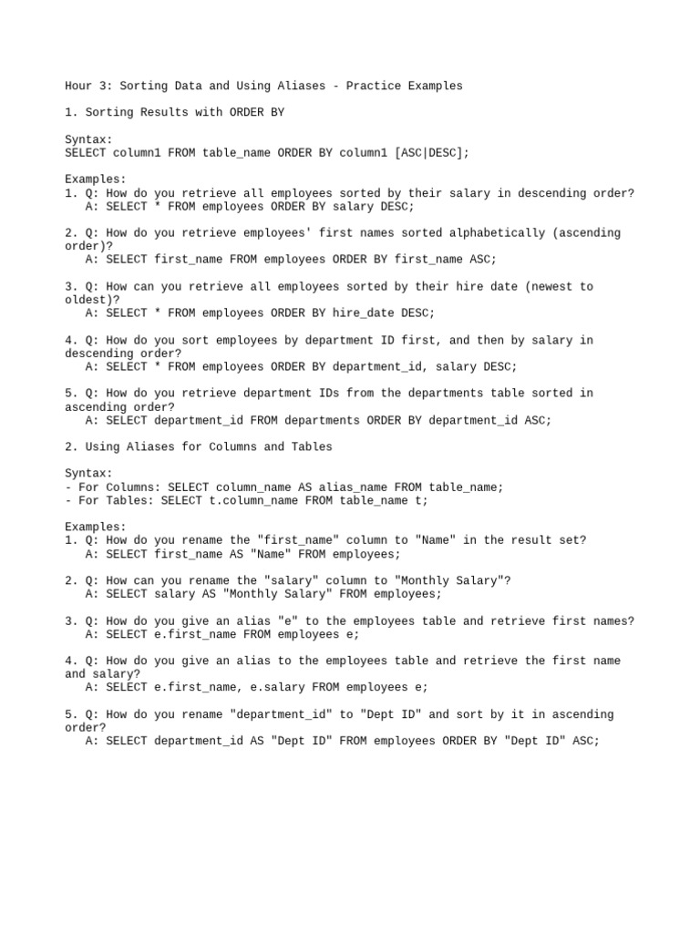 Hour 3 Sorting and Aliases Practice | PDF
