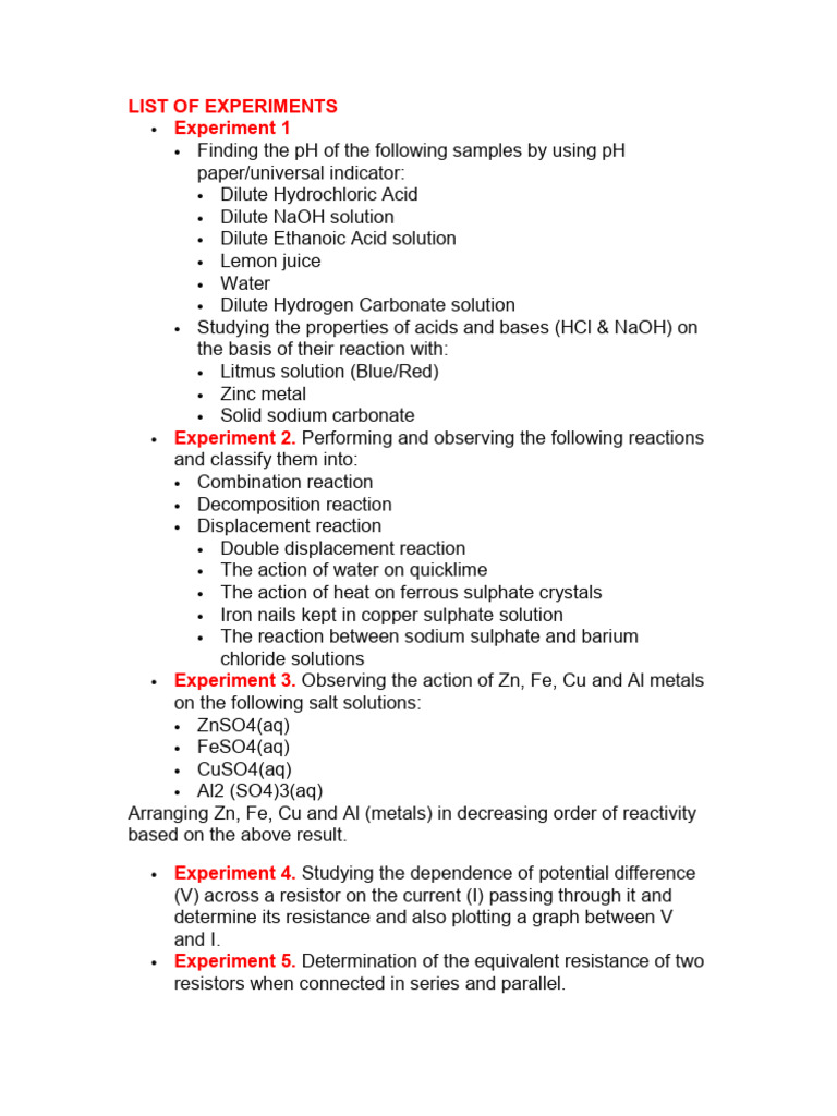 LIST OF EXPERIMENTS hhjkg | PDF | Acid | Sodium Hydroxide